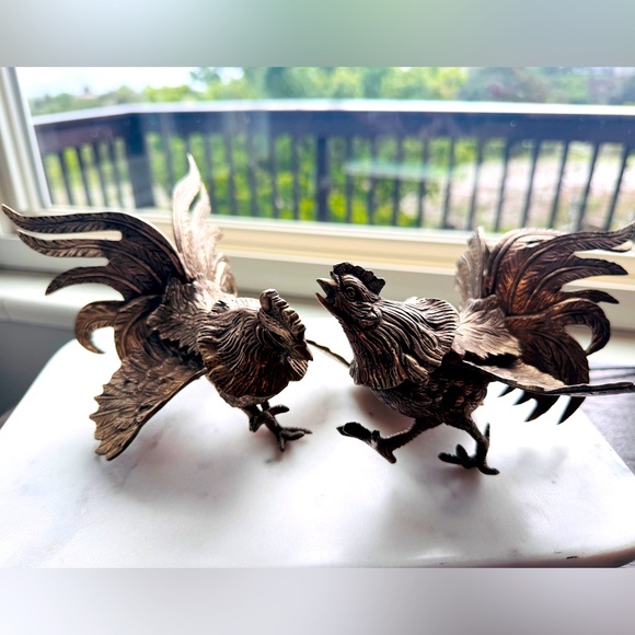 Accents | Vintage Brass Fighting Roosters Metal Cocks Chickens Long ...